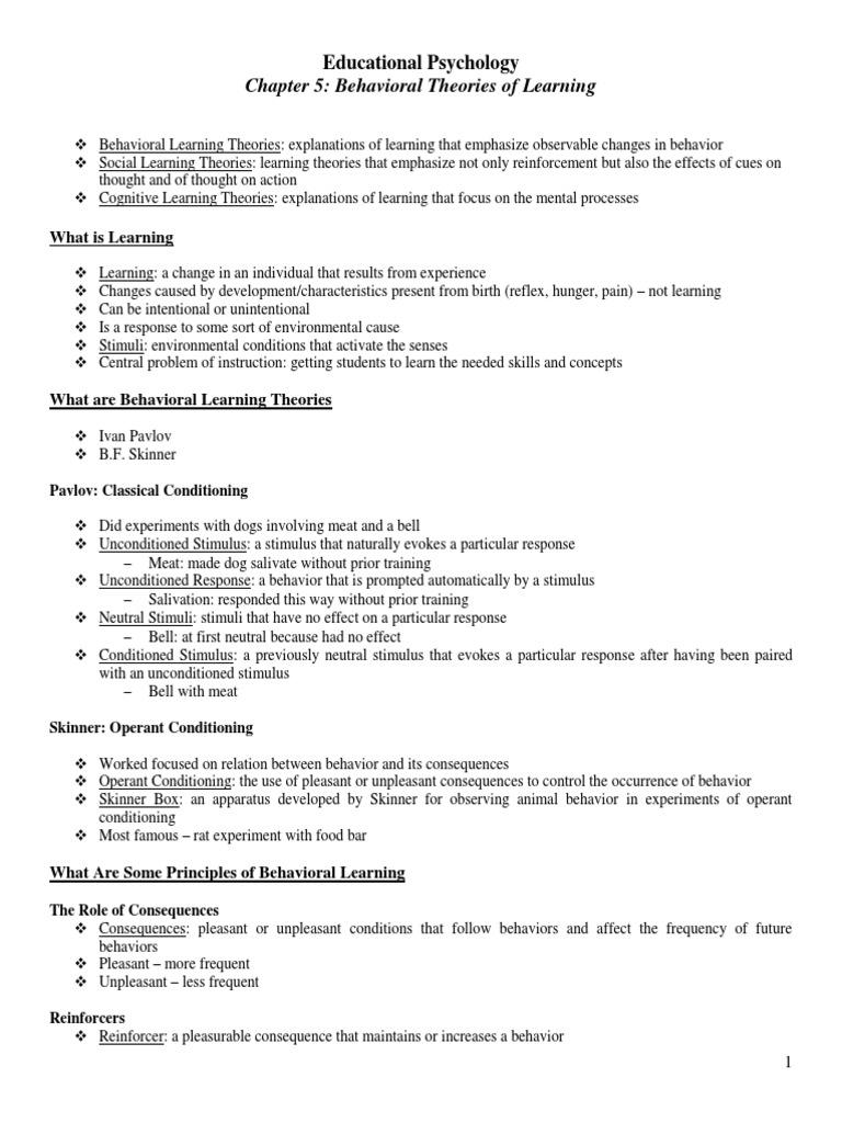 Chapter 5: Behavioral Theories of Learning: Educational Psychology | PDF | Reinforcement ...