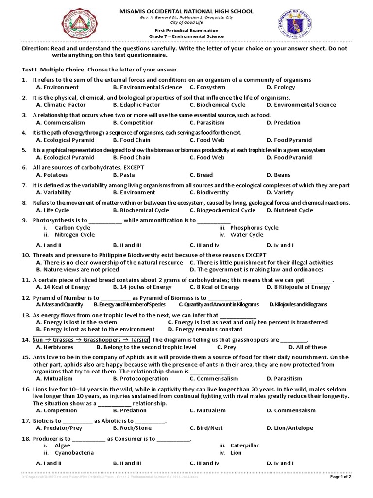 First Periodical Exam - Grade 7 Environmental Science SY 2013-2014.pdf ...