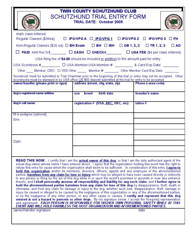 TCSC Trial Entry Form 2009 | PDF | Subspecies Of Canis Lupus ...