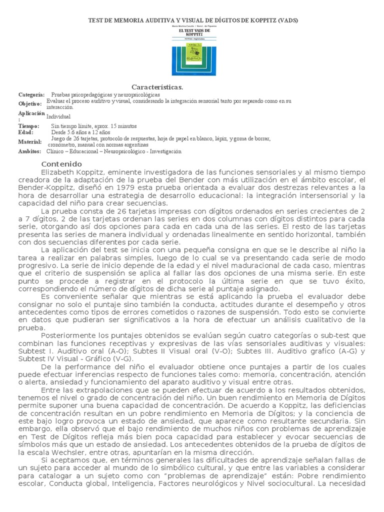 TEST DE MEMORIA AUDITIVA Y VISUAL DE DÍGITOS DE KOPPITZ | PDF | Memoria ...
