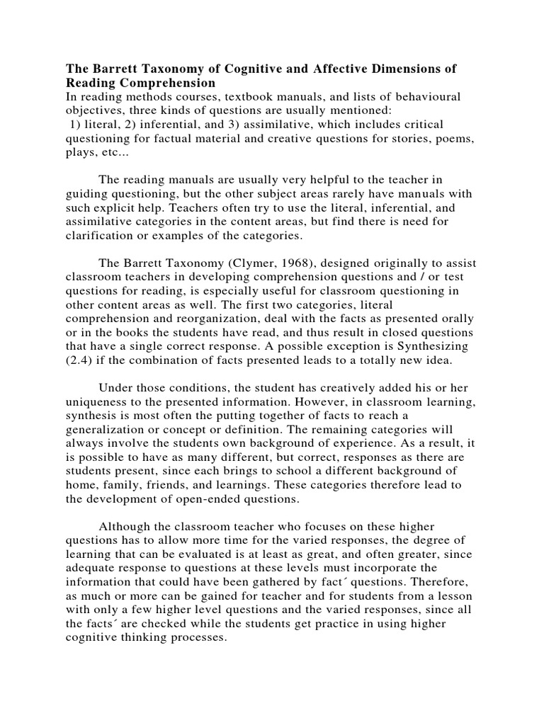 The Barrett Taxonomy of Cognitive and Affective Dimensions of Reading ...