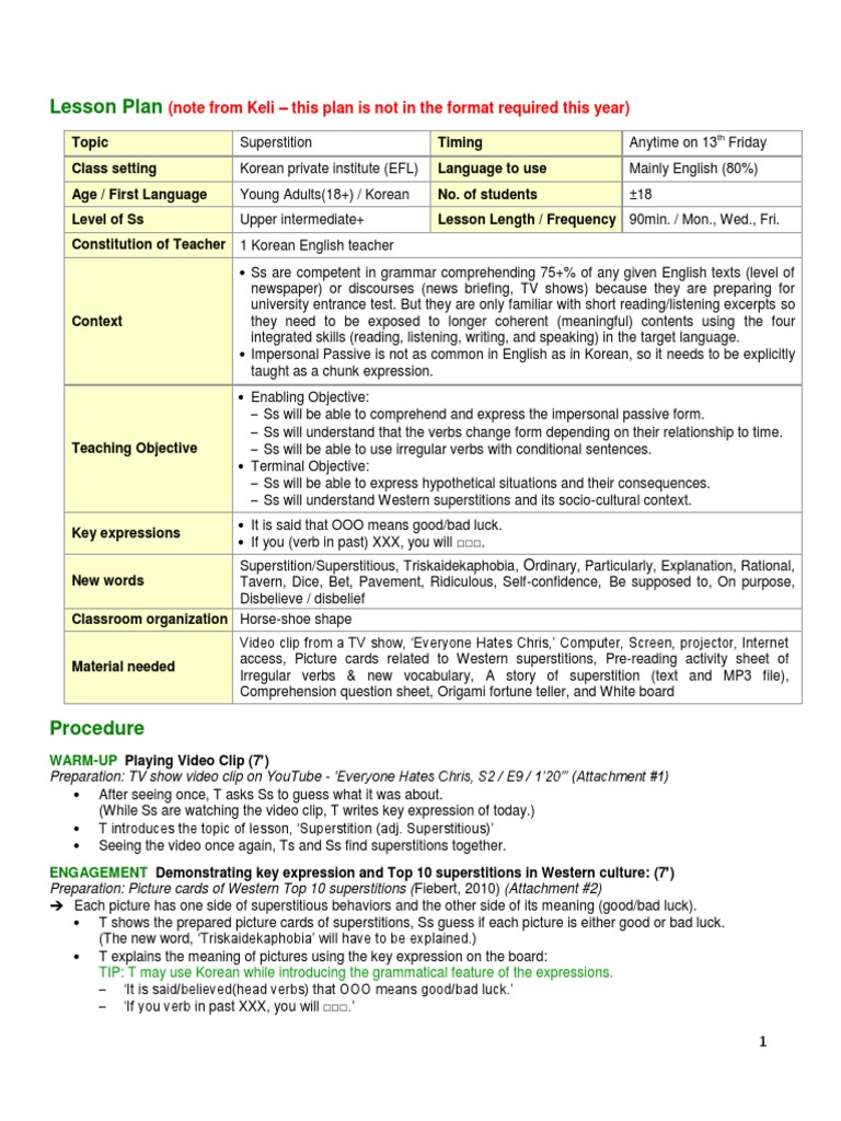 Lesson Plan Example With Mats | Download Free PDF | Superstitions ...