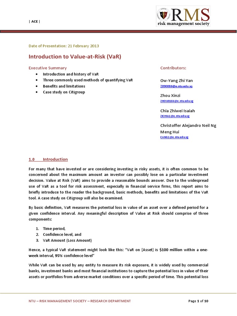 Introduction To Value-at-Risk PDF | PDF | Value At Risk | Risk