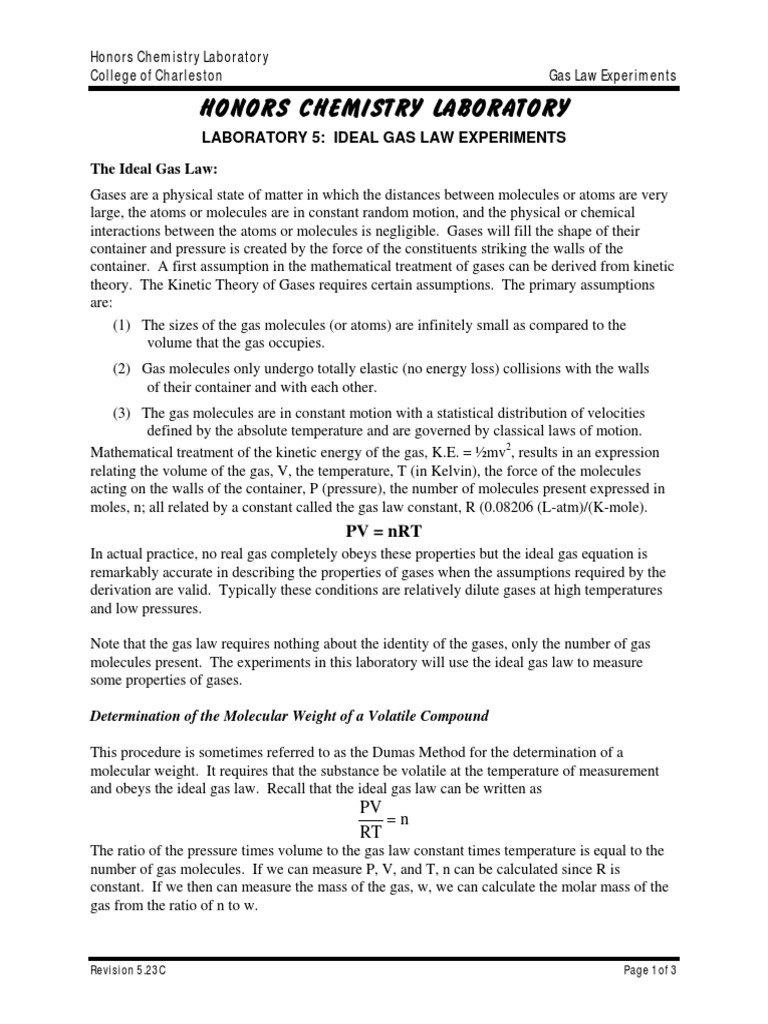 Honors Chemistry Laboratory: Laboratory 5: Ideal Gas Law Experiments ...