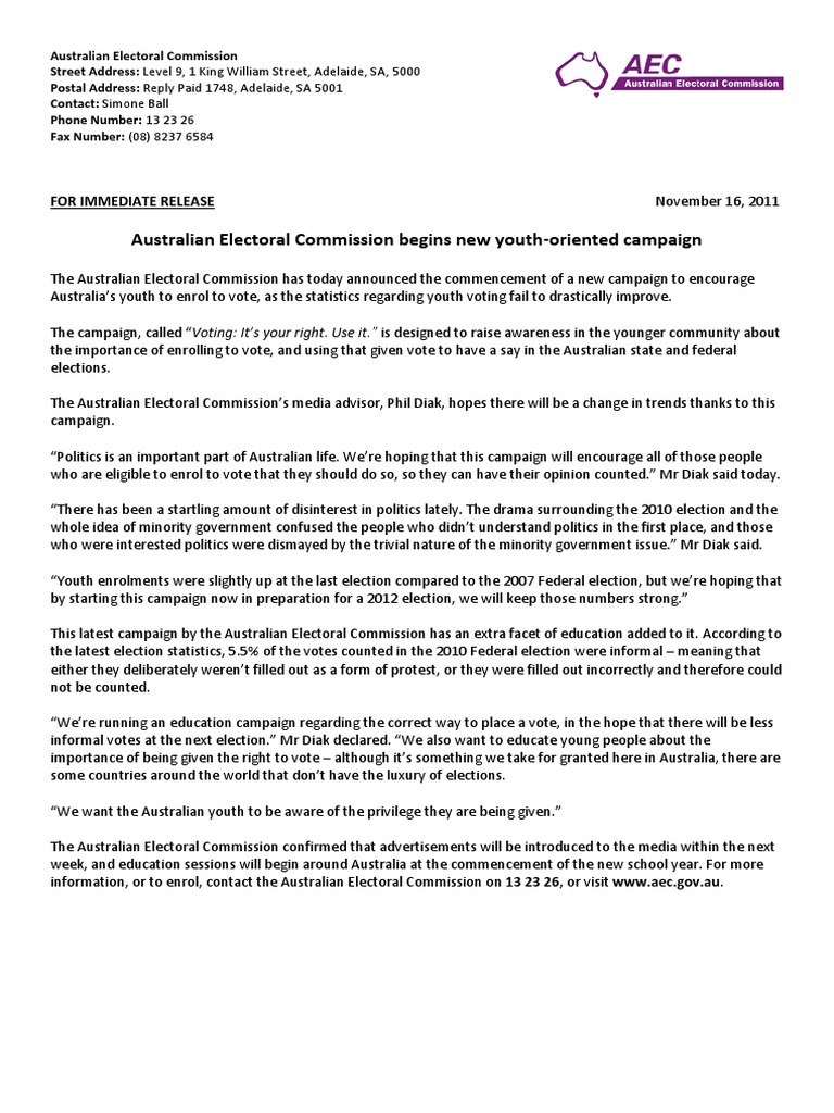 AEC Press Release | PDF | Australia | Political Events