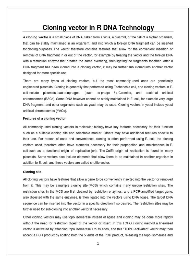 Cloning Vectors | PDF | Plasmid | Molecular Cloning