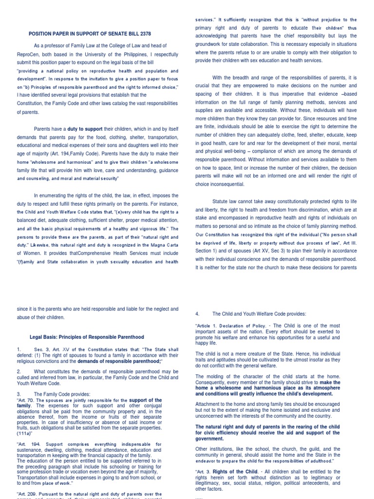 Position Paper in Support of Senate Bill 2378 | PDF | Family Planning ...