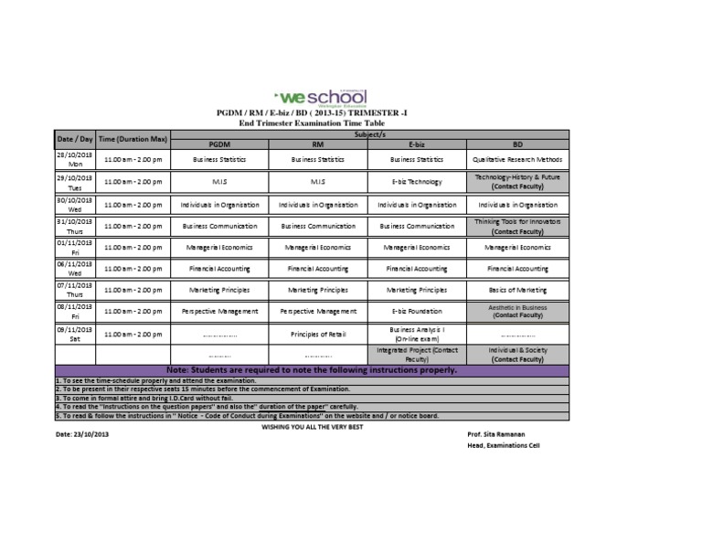 PGDM Trimester 1 Exam Schedule 2013 | PDF