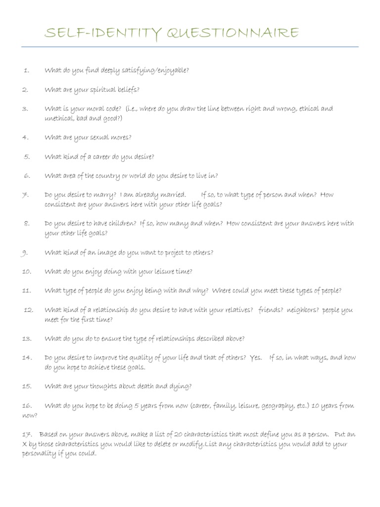 Self Identity Questionnaire PDF | PDF | Stereotypes | Metaphysics Of Mind
