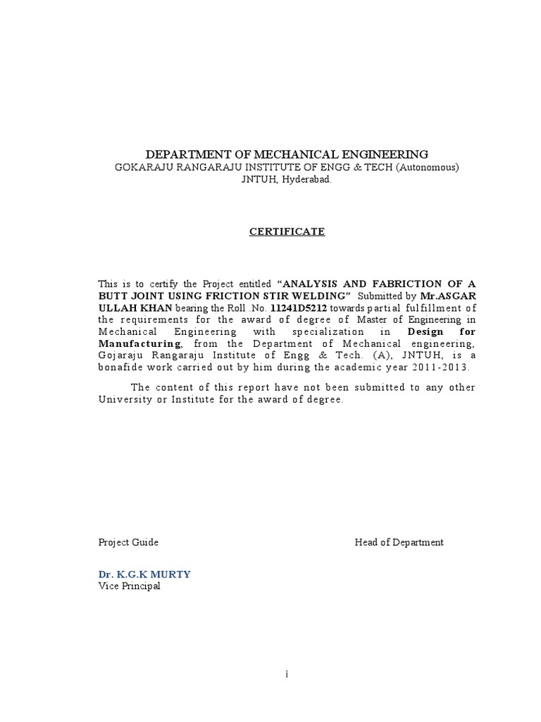 Department of Mechanical Engineering: Certificate | PDF | Welding ...