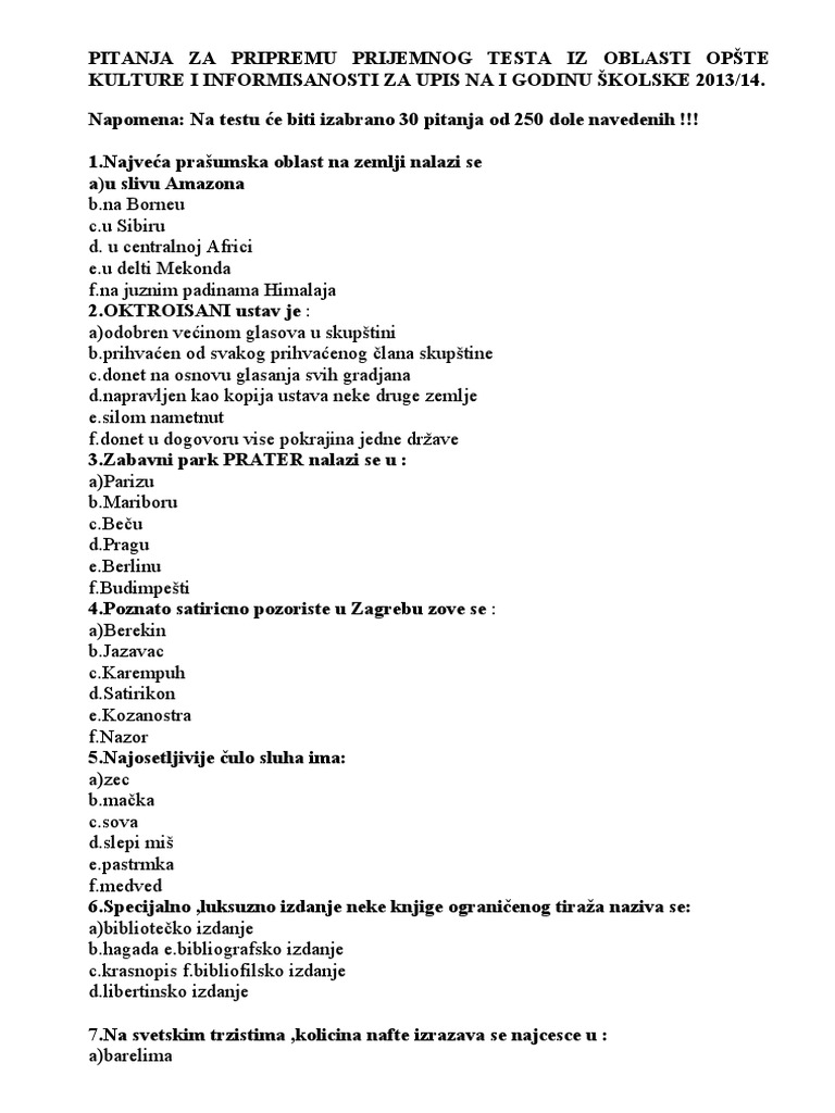 Pitanja I Tacni Odgovori Za Prijemni Ispit | PDF