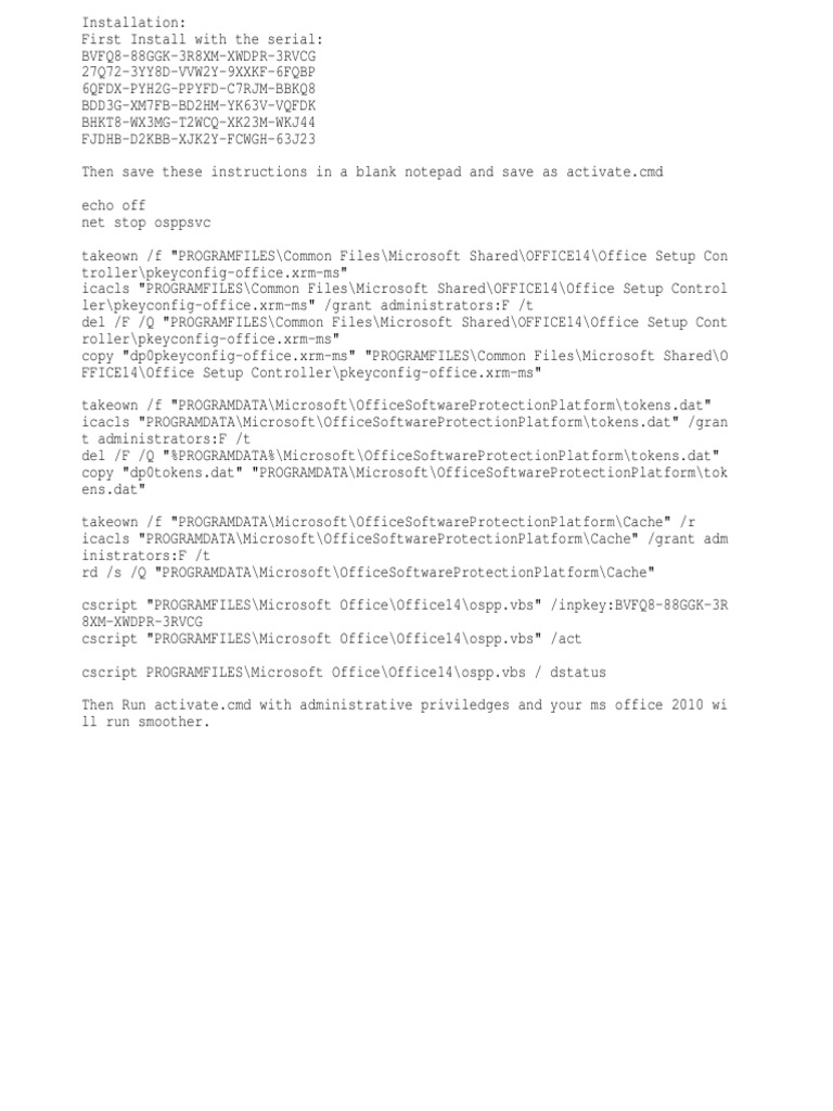Activate Office 2010 via CMD Instructions | PDF