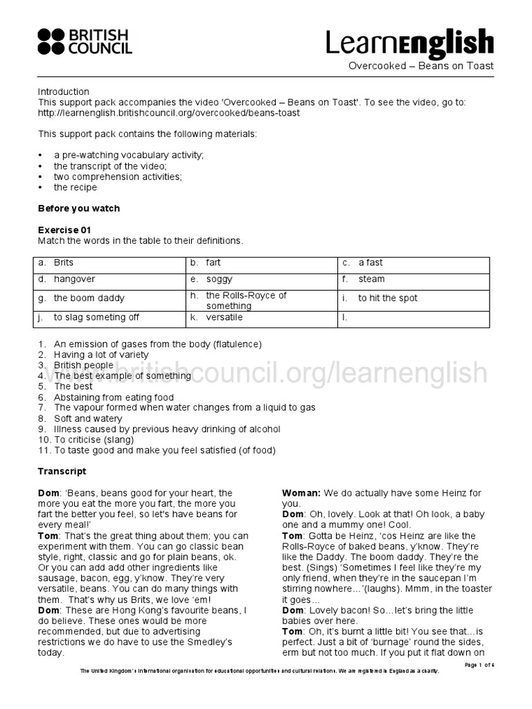 Learnenglish Overcooked Beans On Toast Support Pack - 0 PDF | PDF ...