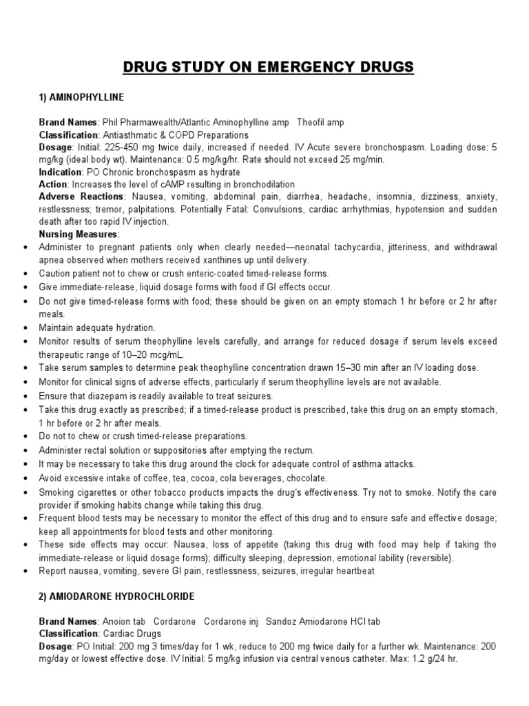Drug Study On Emergency Drugs | PDF | Midazolam | Angina Pectoris