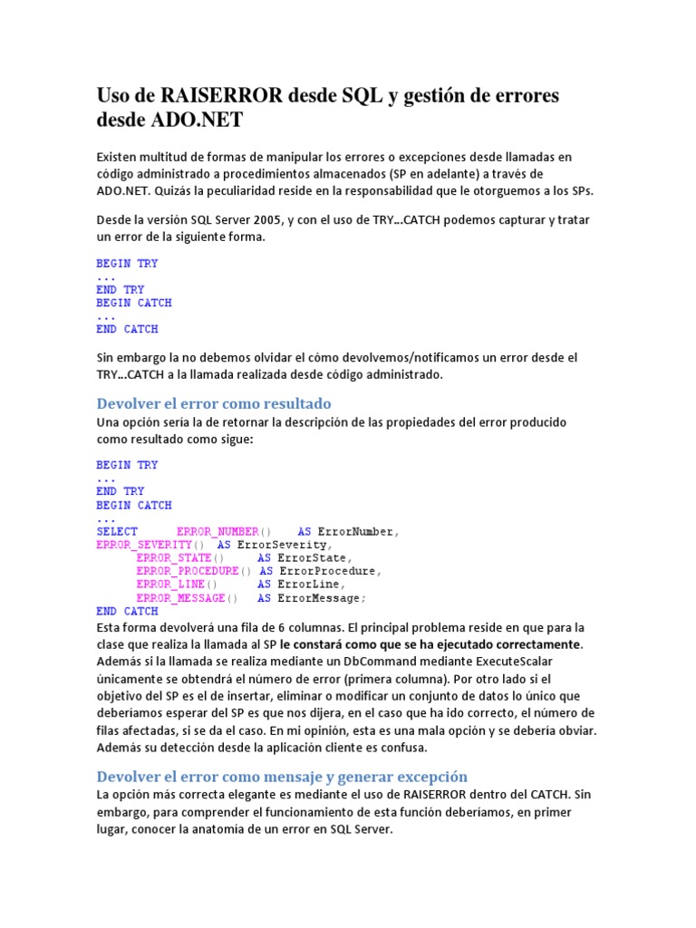 Uso de RAISERROR Desde SQL y Gestión de Errores Desde ADO | PDF | SQL | Gestión de datos