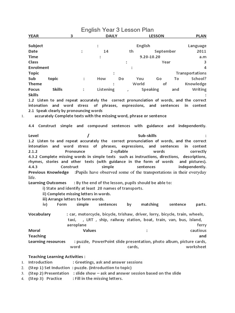 English Year 3 Lesson Plan: Complete Texts With The Missing Word ...