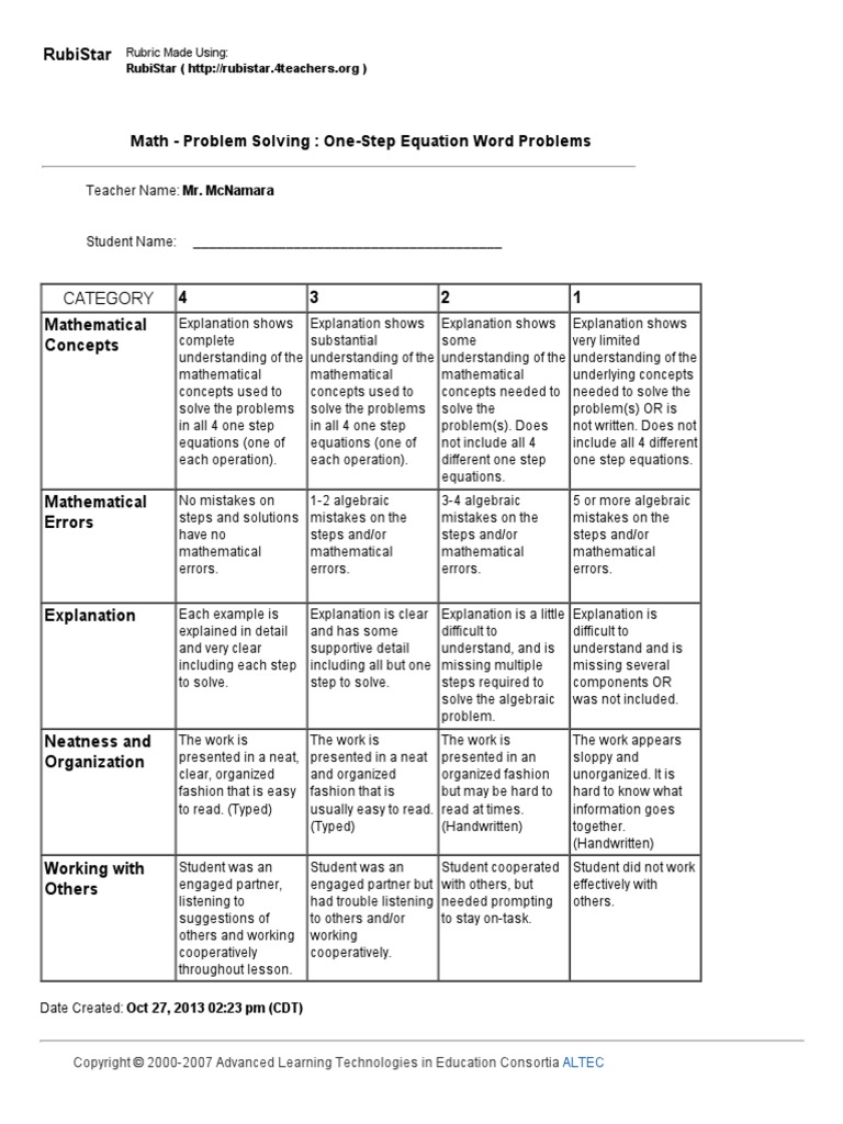 Math - Problem Solving One-Step Equation Word Problems Rubric | PDF ...