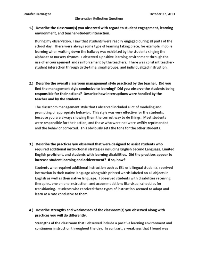 Classroom Observation Reflection Insights | PDF | Classroom Management ...