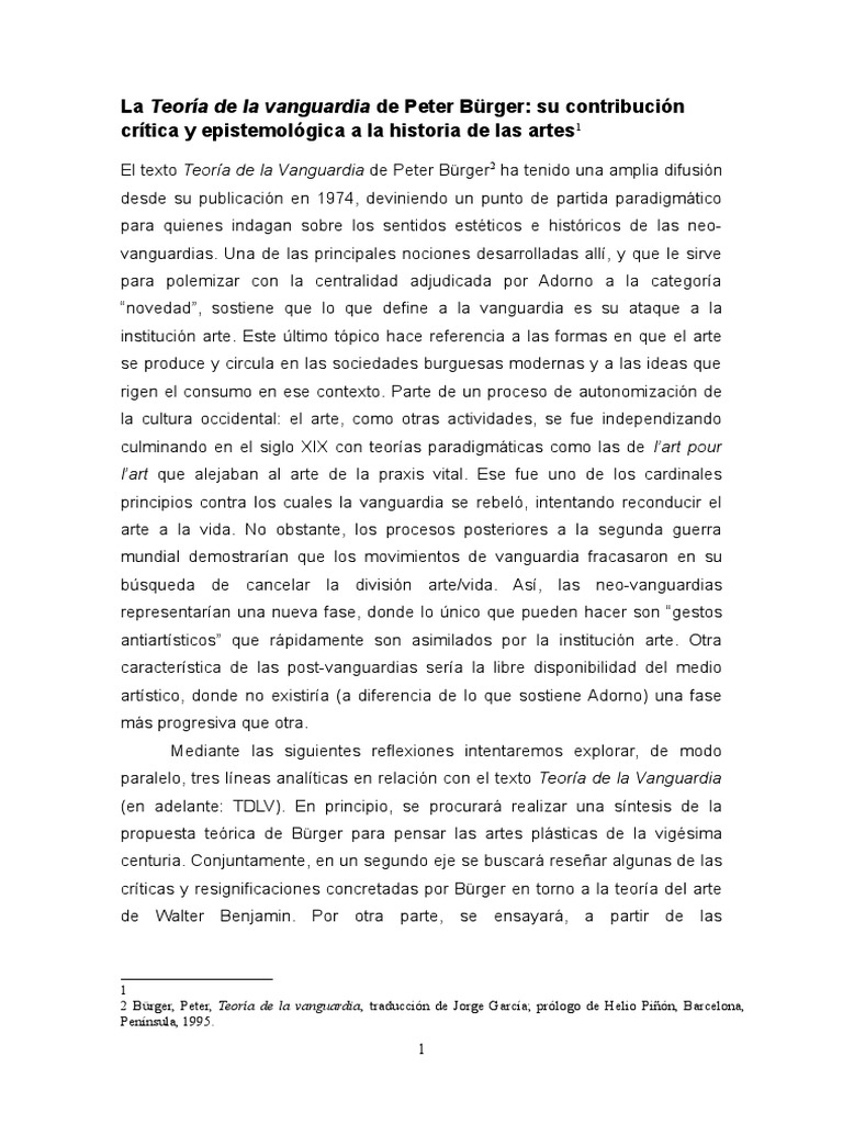 La Teoria de La Vanguardia de Peter Burger | PDF | Vanguardia | Estética