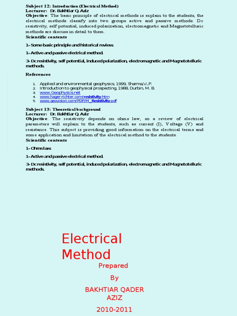 Lecture-12 - Introduction & Theoritical - Electrical Method | Download ...
