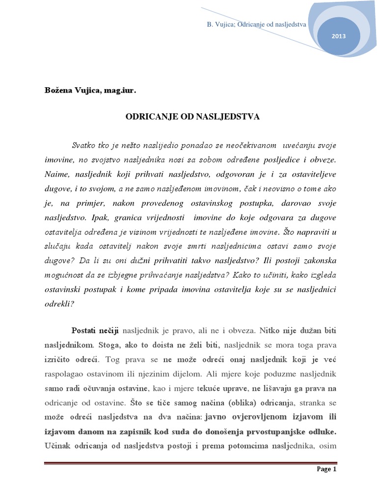 Božena Vujica - Odricanje Od Nasljedstva | PDF