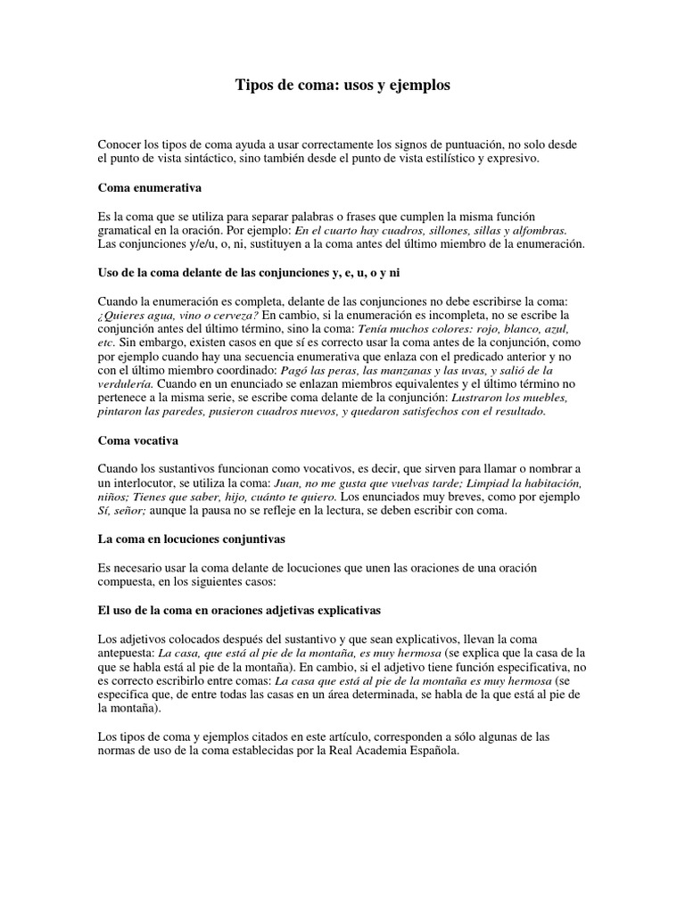 Tipos de coma: usos y ejemplos | PDF | Coma | Oración (Lingüística)