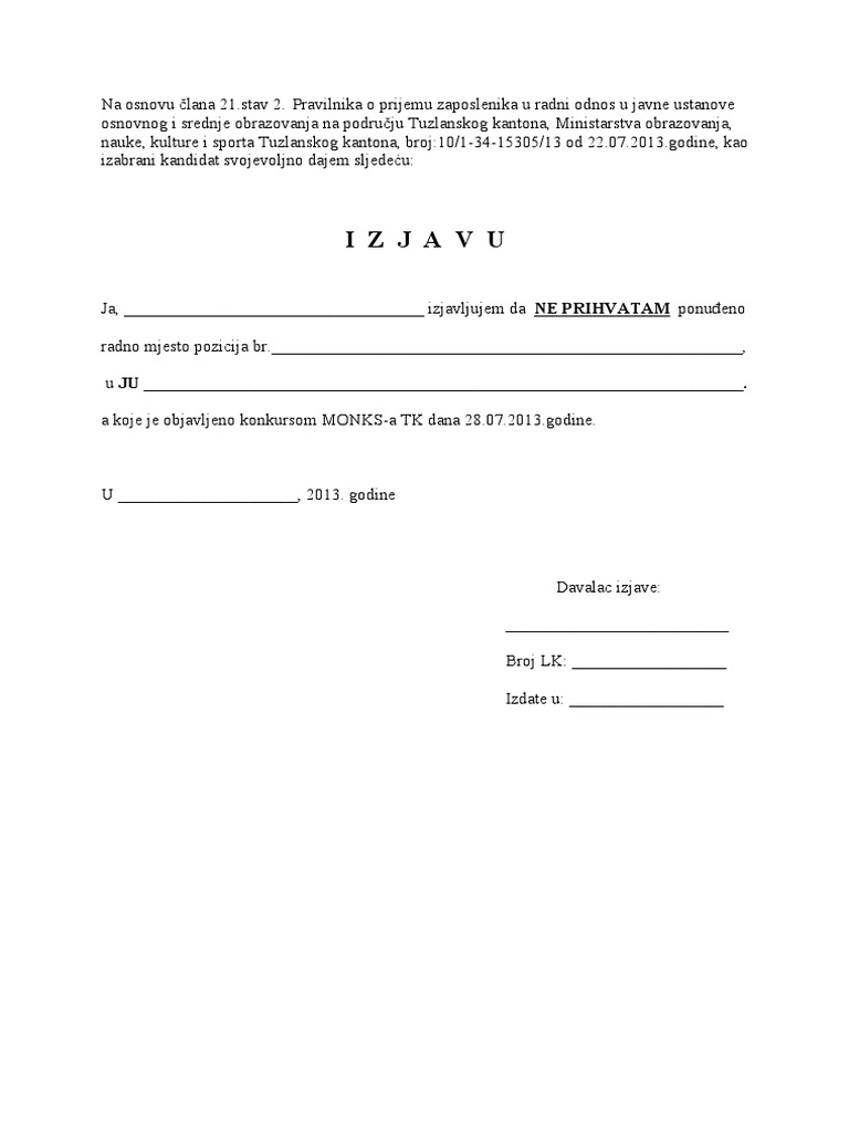 Urnek Izjave o Odustajanju | PDF