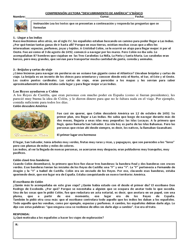 COMPRENSIÓN LECTORA Descubrimientos | PDF | Cristobal colon ...