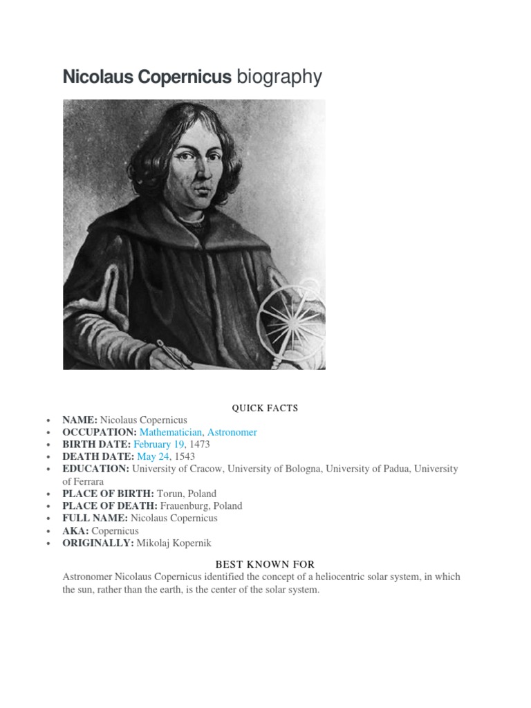 Nicolaus Copernicus Biography | PDF | Nicolaus Copernicus | Heliocentrism