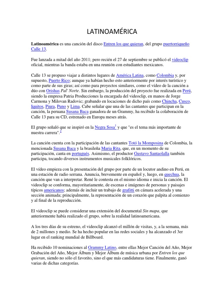 INFORMACIÓN CALLE 13 Y LATINOAMÉRICA | PDF | Musica Latinoamericana ...