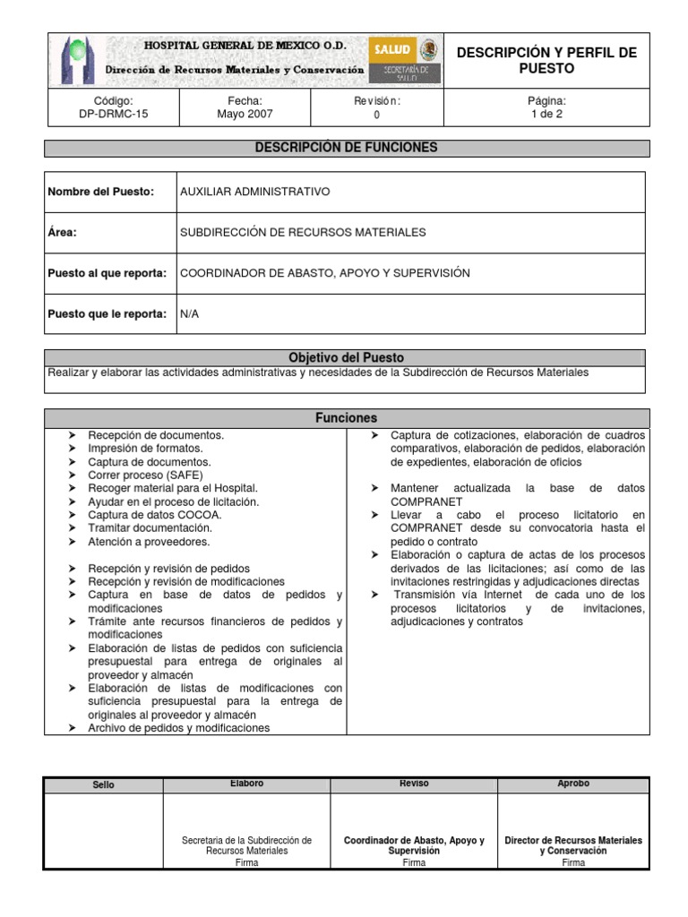 Descripcion y Perfil de Puesto-1 | Descargar gratis PDF | Hospital | Informática