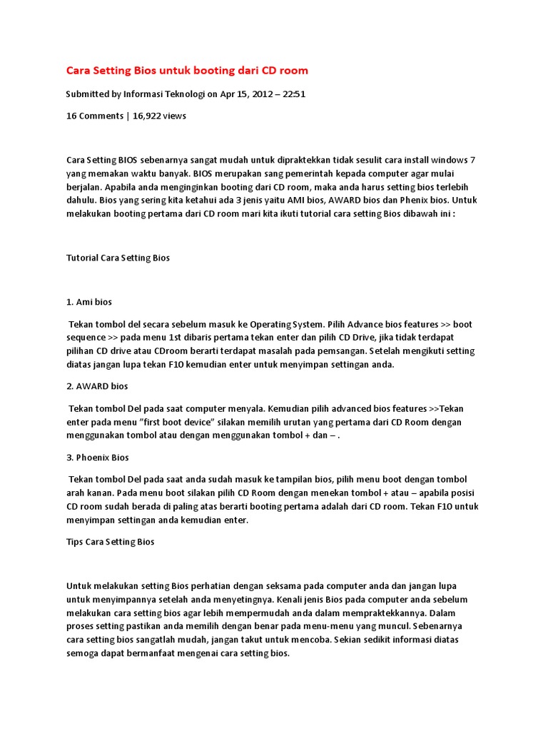 Cara Setting Bios Untuk Booting Dari CD Room | PDF