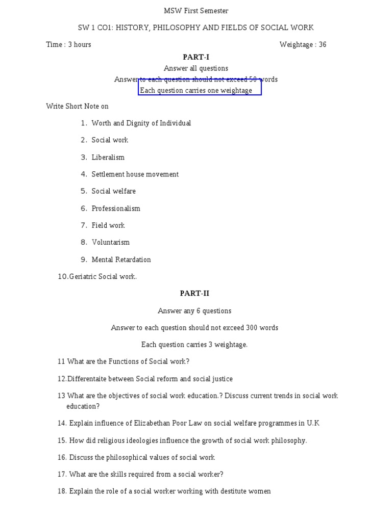 MSW First Semester Exam Question Paper | PDF | Social Work | Community