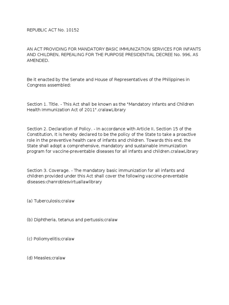 REPUBLIC ACT No 10152 | PDF | Vaccines | Nursing