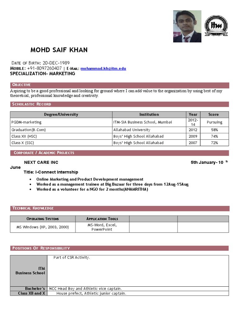 Mohd Saif Khan: D B: 20-DEC-1989 | PDF