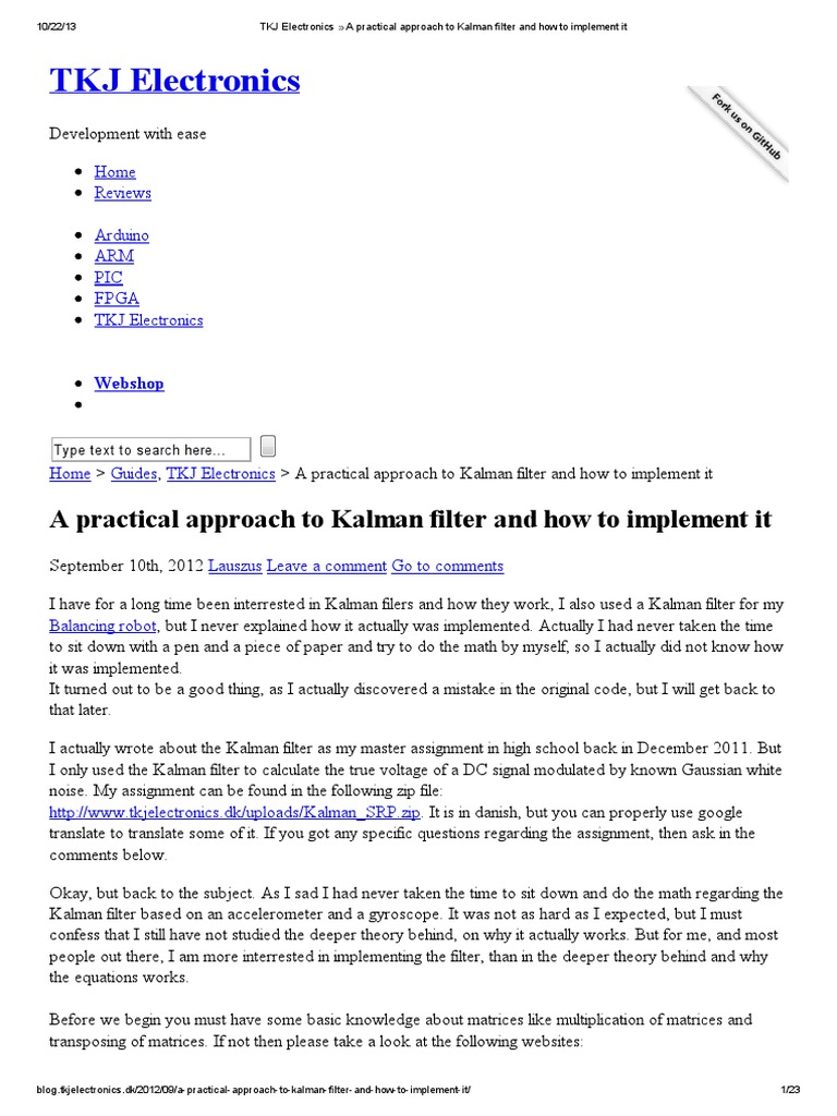 TKJ Electronics A Practical Approach To Kalman Filter and How To Implement It | PDF | Kalman ...