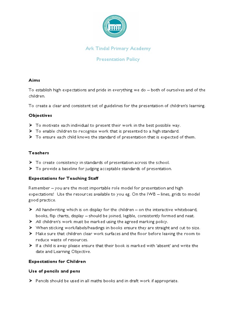 Ark Tindal Primary Academy Presentation Policy | PDF | Learning | Cognition