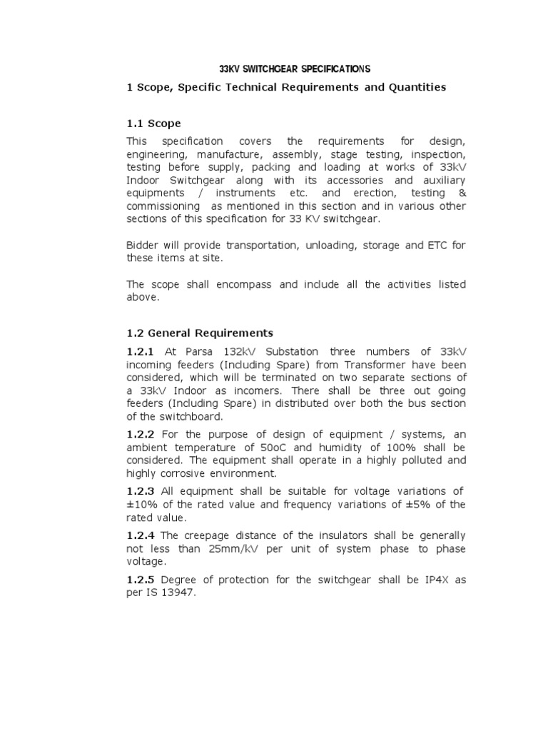 Vol-2-9-33kV Switchgear Technical Specification | PDF | Electrical ...
