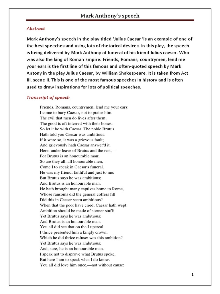 Anthony Speech | Mark Antony | Marcus Junius Brutus The Younger