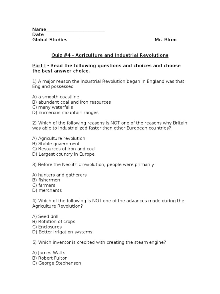 Quiz 4 Agriculture and Industrial Revolutions (Open Note Quiz) | PDF ...