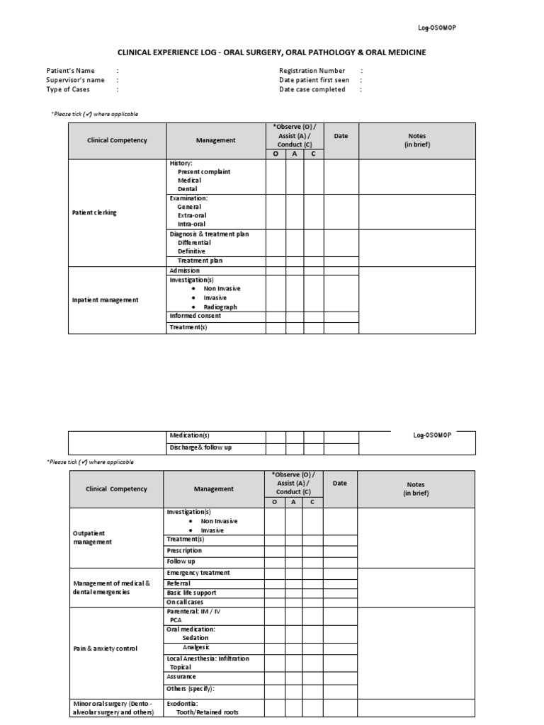 CLINICAL EXPERIENCE LOG.docx | Patient | Oral And Maxillofacial Surgery