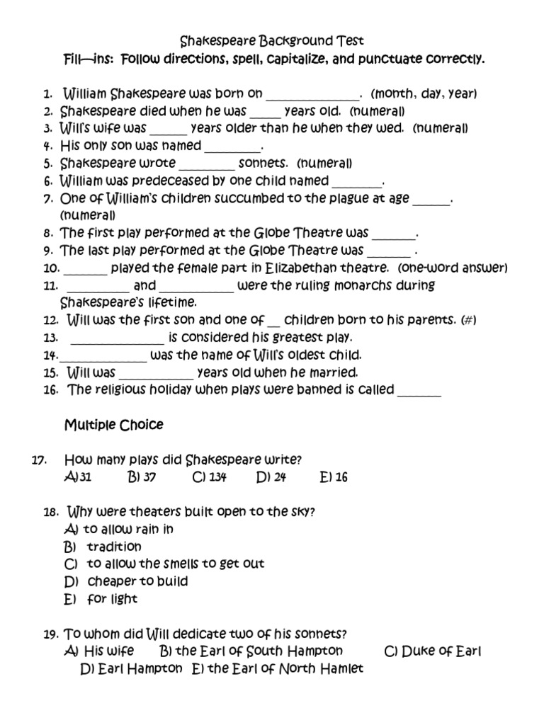 Shakespeare Background Test 2 | PDF | English Renaissance | Shakespeare ...