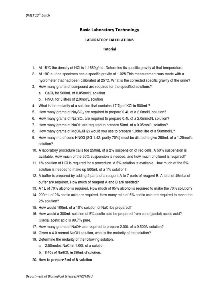 Tutorial On Laboratory Calculation | PDF | Molar Concentration | Solution