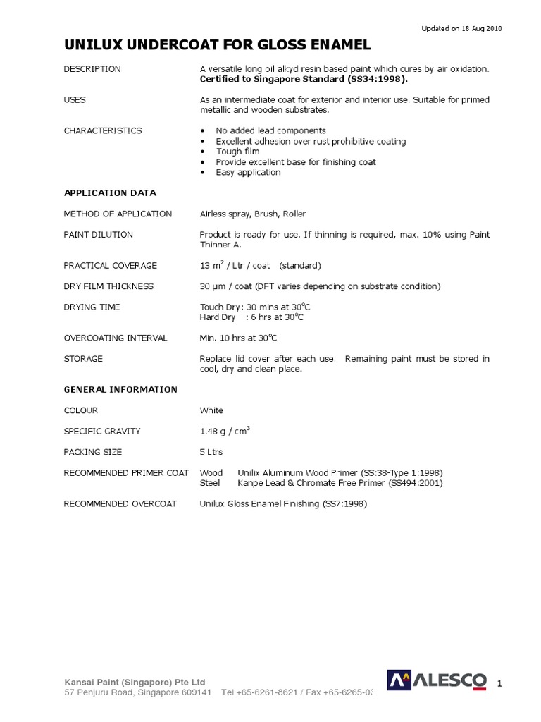 Unilux Undercoat For Gloss Enamel PDF | PDF | Paint | Combustion