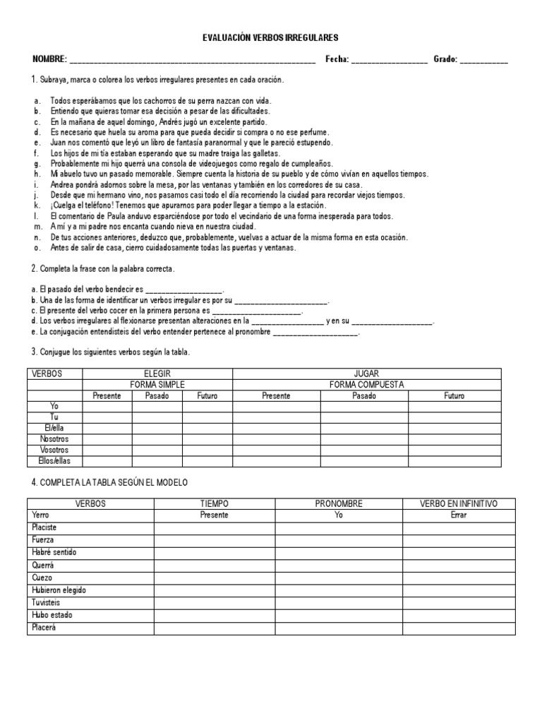EVALUACIÓN VERBOS IRREGULARES | PDF | Verbo | Sintaxis