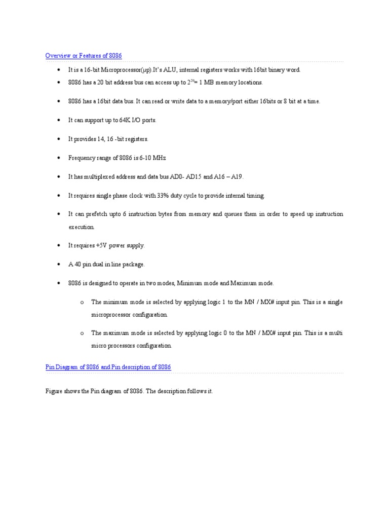 Overview or Features of 8086 | PDF | Instruction Set | Central Processing Unit