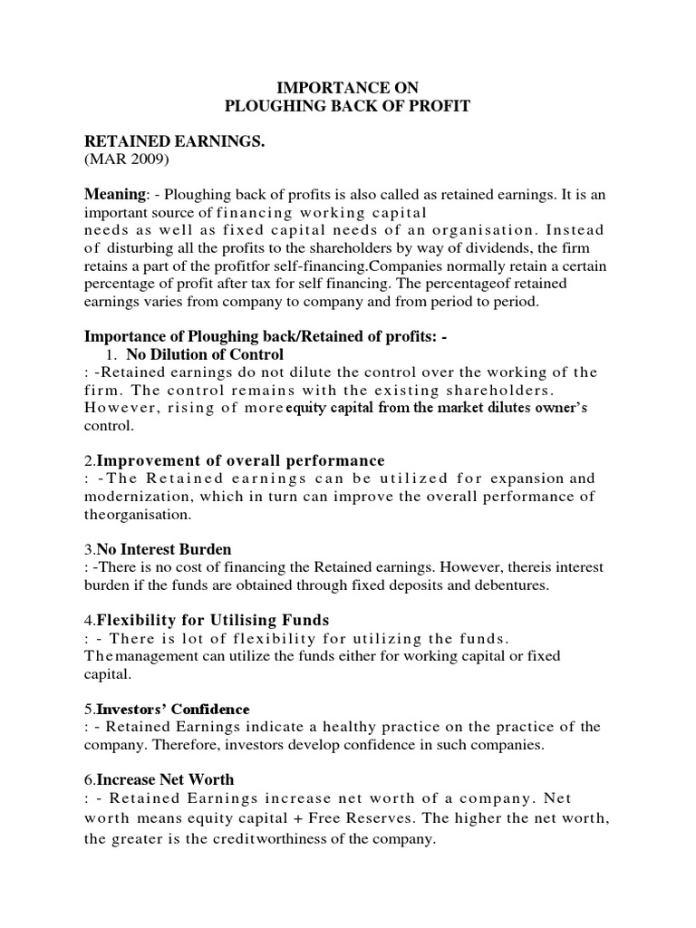 Importance On Ploughing Back of Profit Retained Earnings | PDF