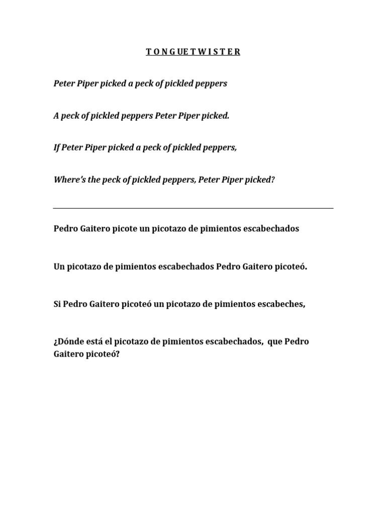 Peter Piper Tongue Twister in Spanish | PDF