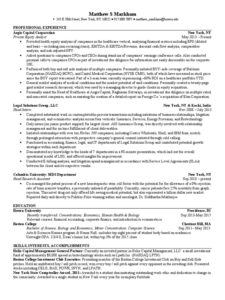 Spencer Markham: Healthcare Investment Analyst | PDF