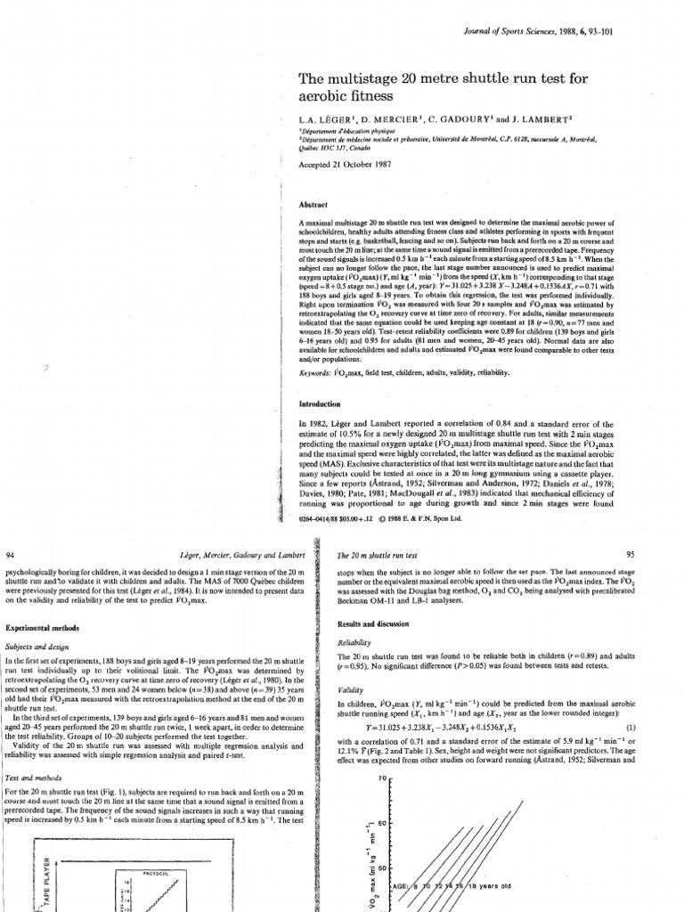 pacer test by leger e all | Physical Exercise | Quality Of Life